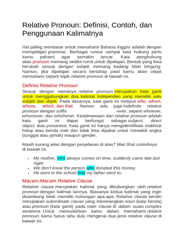 Panduan Lengkap Relative Pronoun | PDF