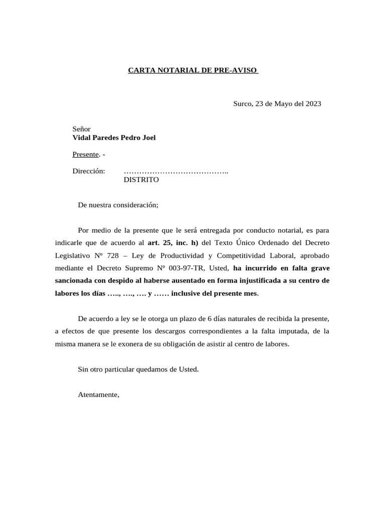 Modelo Carta Preaviso Scobel 2023 | PDF