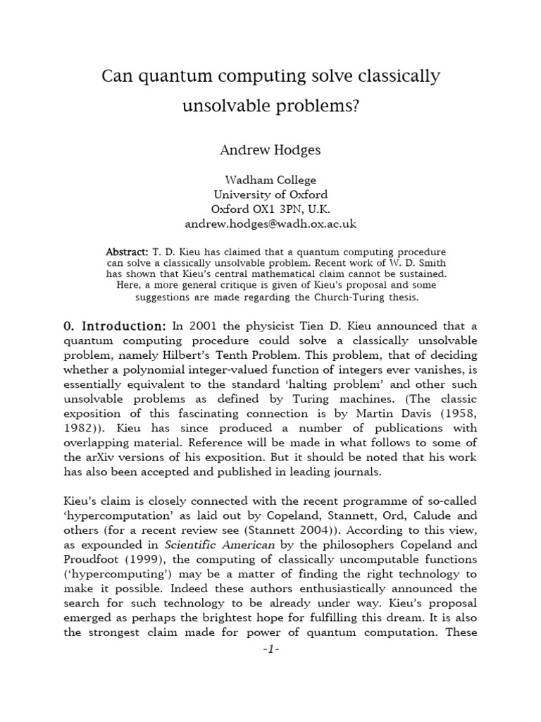 Hodges - Can Quantum Computing Solve Classically Unsolvable Problems | PDF | Wave Function ...