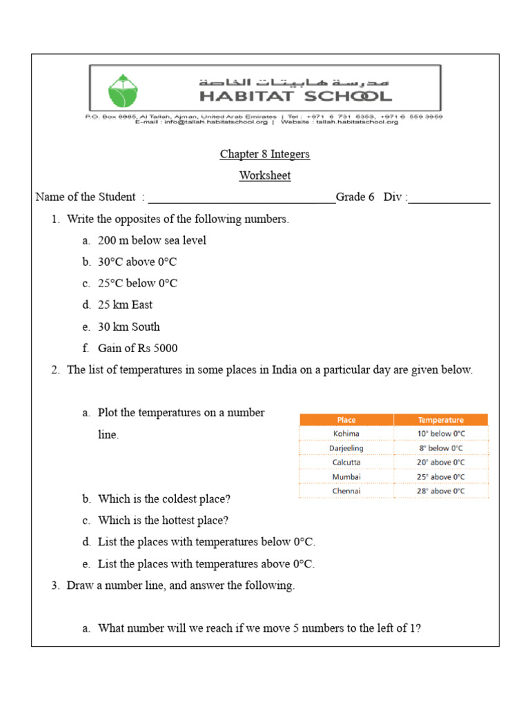 Chapter 8 Integers Worksheet | PDF
