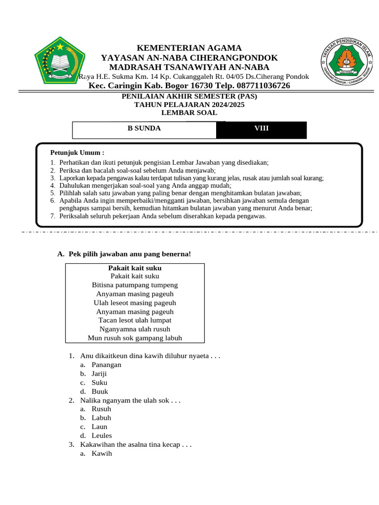Soal PAS B Sunda Kls VIII (Ganjil) | PDF