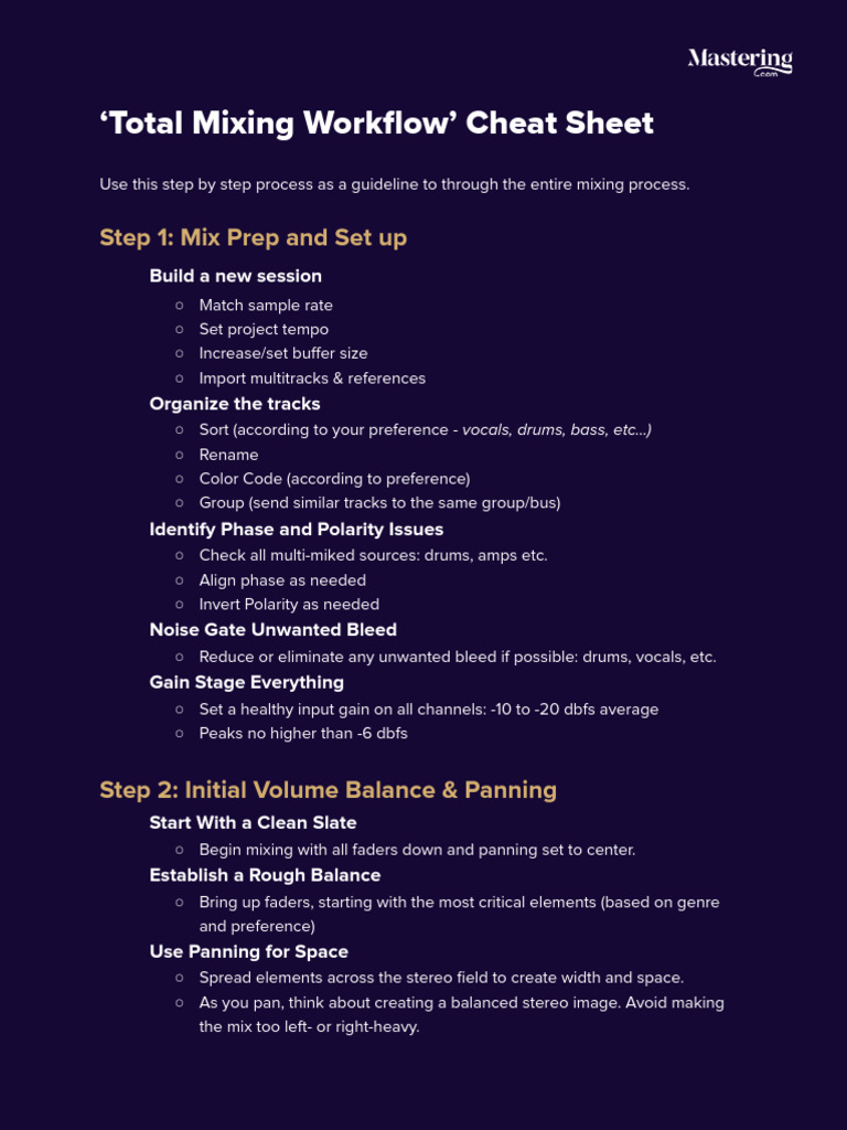 Total Mixing Workflow Cheat Sheet | PDF | Equalization (Audio) | Sound ...
