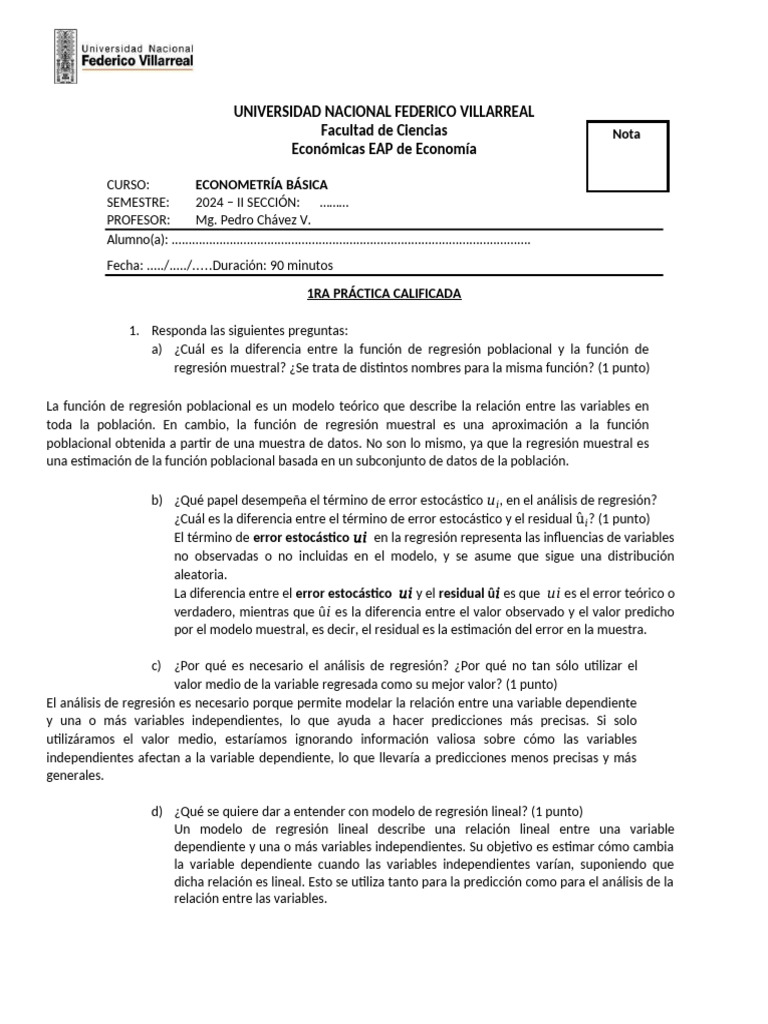 1ra Práctica Calificada | PDF | Análisis de regresión | Dispersión estadística