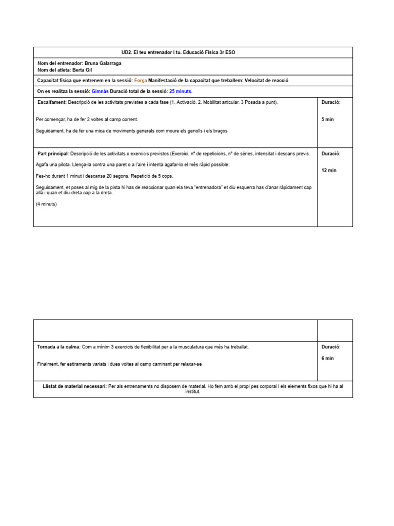 Entrega 3 - Gimnàs. Model Fitxa Entrenament. | PDF