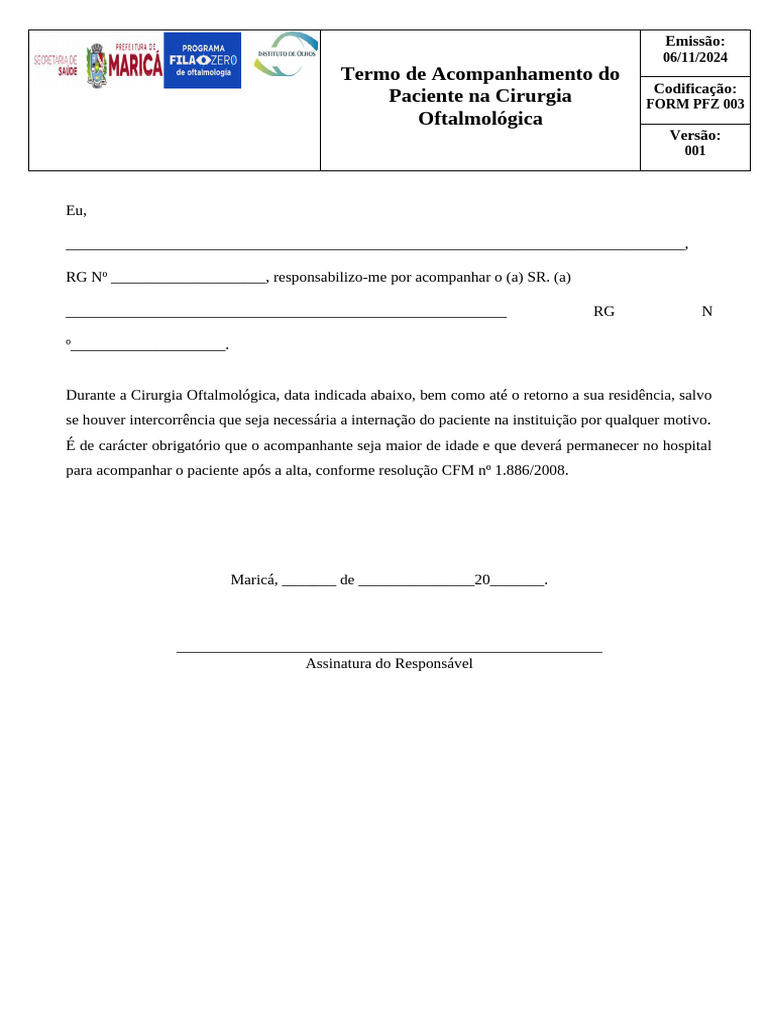 Form PFZ 003 - Termo de Acompanhamentodo Paciente Na Cirurgia ...