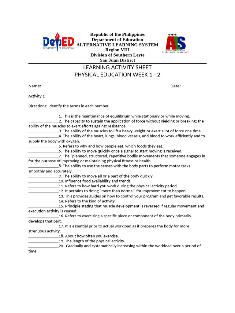 LAS - ALS PE Week 1 and 2 | PDF | Physical Fitness | Body Mass Index
