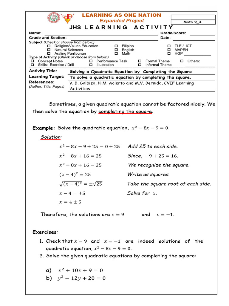 Math 9 LAS 4 Solving A Quadratic Equation by Completing The Square | PDF | Elementary ...