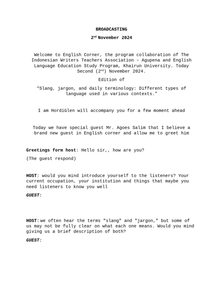 Broadcasting (2nd Nov 2024) | PDF | Jargon | English Language