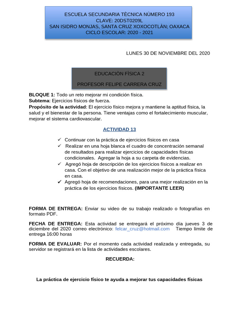 Act. 13 Educ. Fìs. 2º Grado | PDF