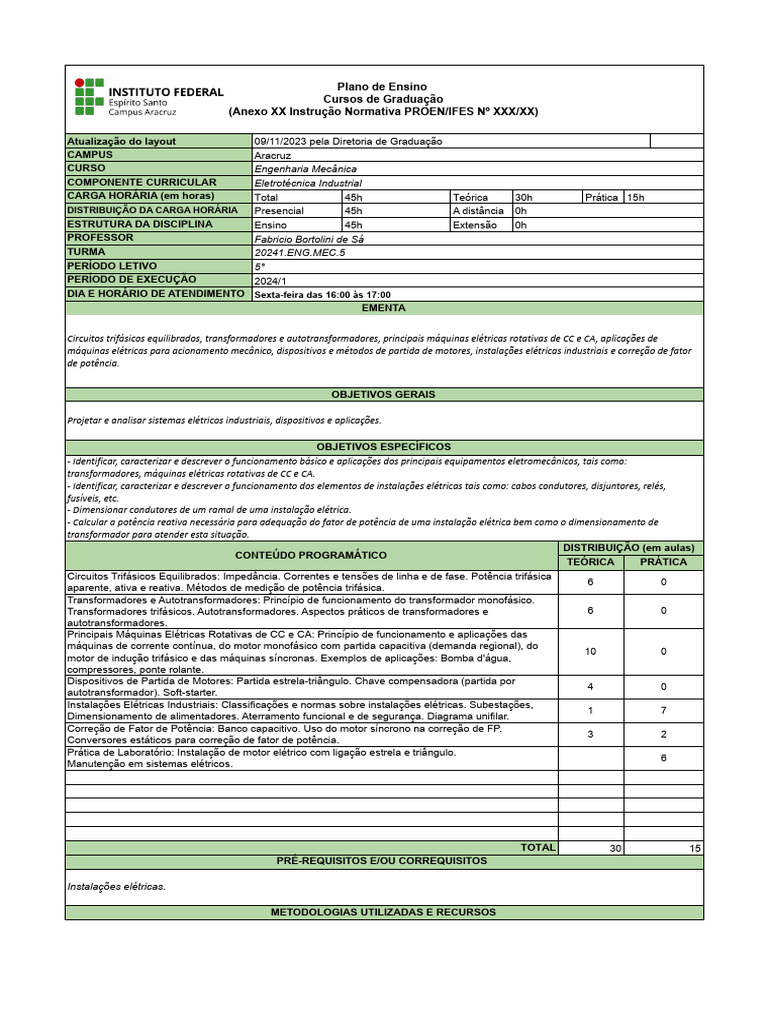 Plano de Ensino - MEC.031 - Eletrotécnica Industrial - Fabricio - 2024 | PDF | Transformador ...