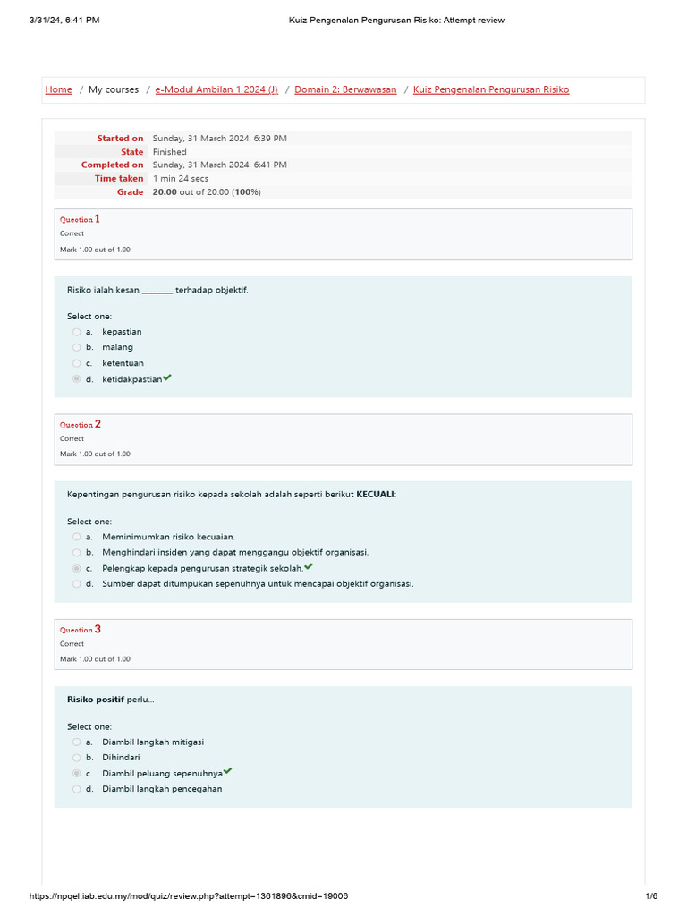 Kuiz Pengenalan Pengurusan Risiko - Attempt 04 Review | PDF