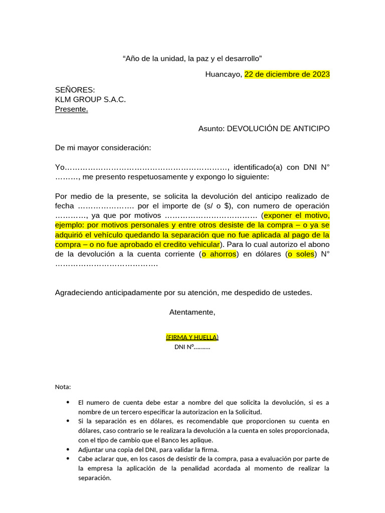 Modelo de Solicitud de Devolucion de Anticipos | PDF