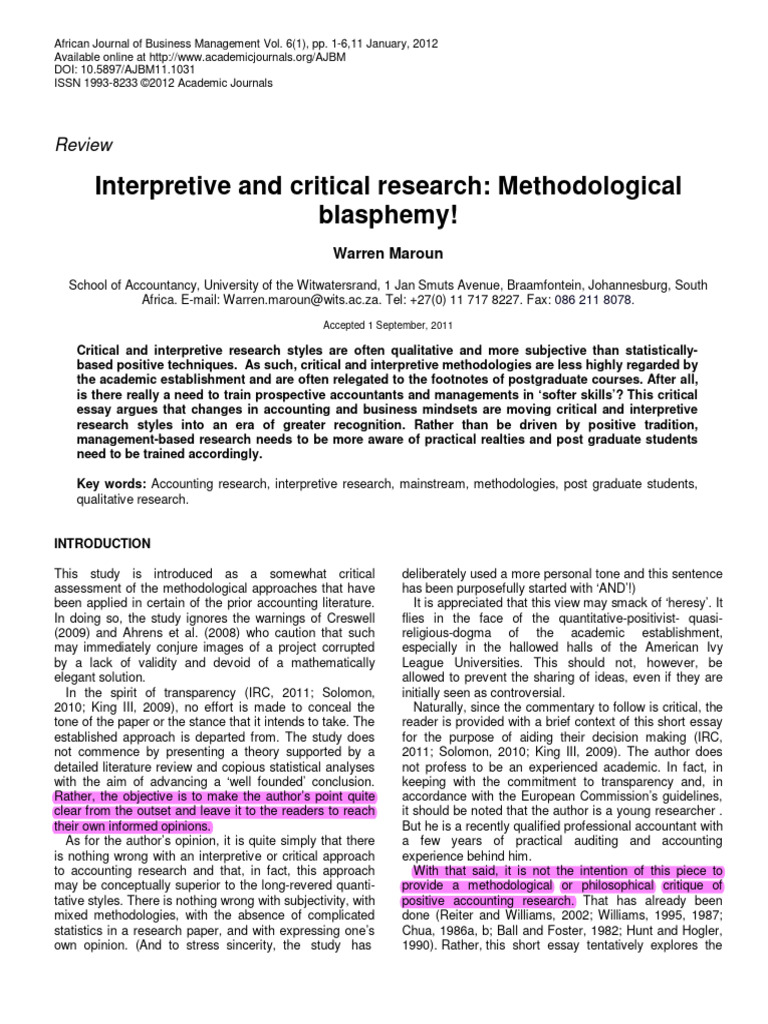 2012 - Interpretive and Critical Research - Methodological Blasphemy-Vvi | PDF | Methodology ...
