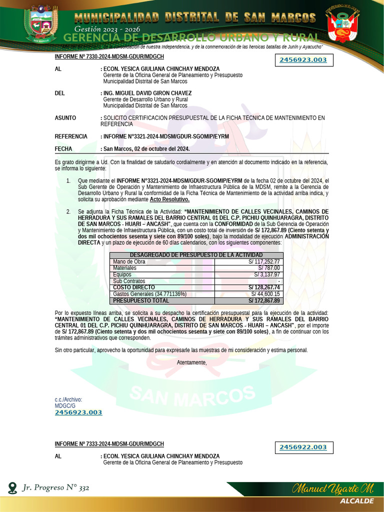 Informe #5363-2024-Gdur-Mdgc-Certific Presup 2442222 | PDF | Presupuesto