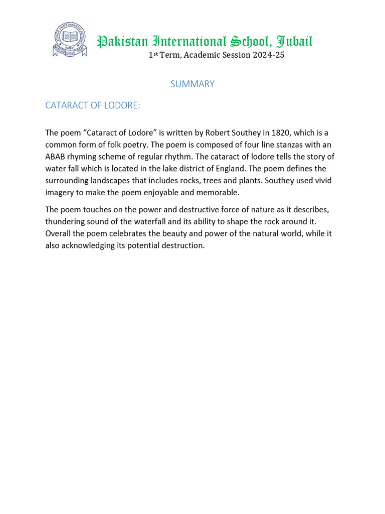 Summary Cataract of Lodore | PDF