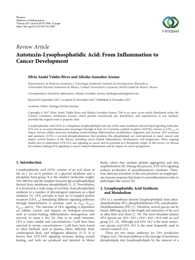 Autotaxin-Lysophosphatidic Acid From Inflammation To Cancer Development ...