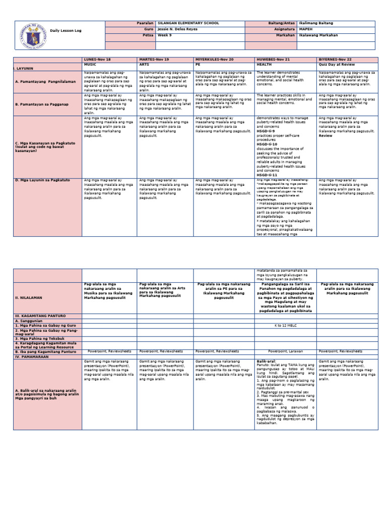 DLL Week 9 Mapeh | PDF
