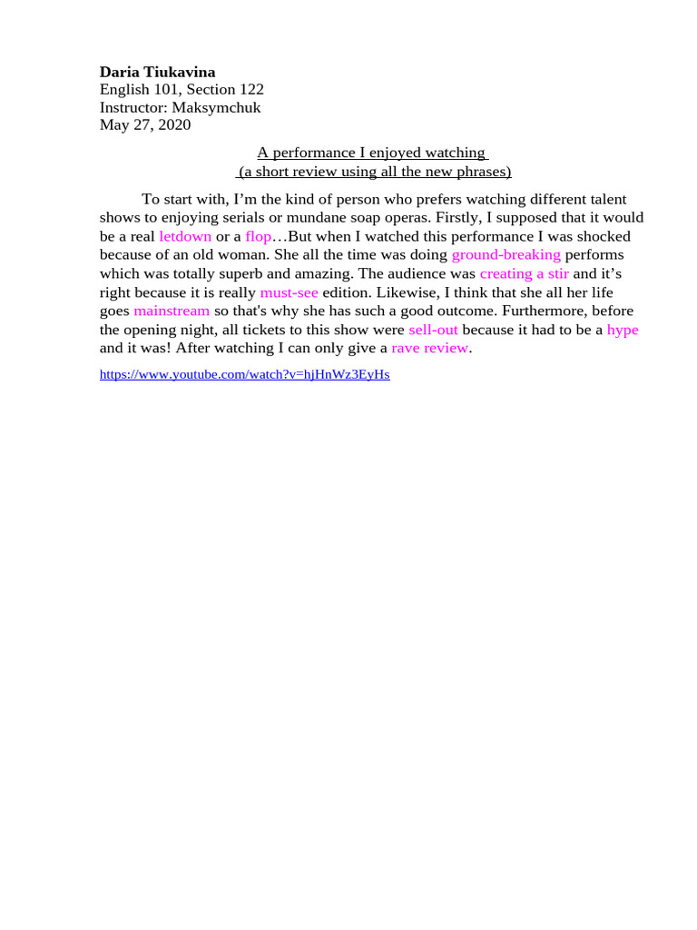 A Performance I Enjoyed Watching (Tiukavina) | PDF