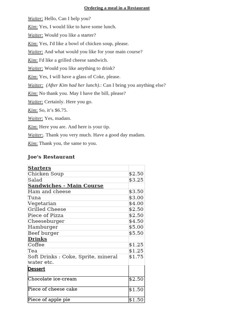Dialogue Ordering A Meal at A Restaurant Plus Menu Lesson | PDF | Lunch ...