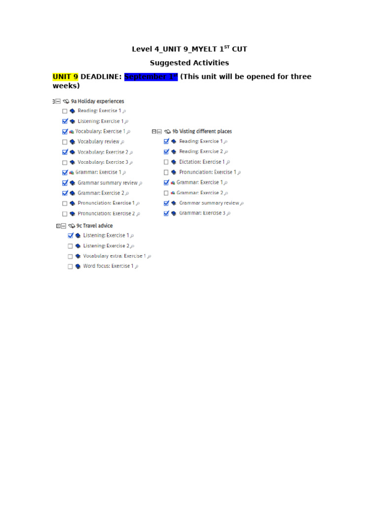 Suggested Activities - MYELT - Level 4 - Unit 9 | PDF