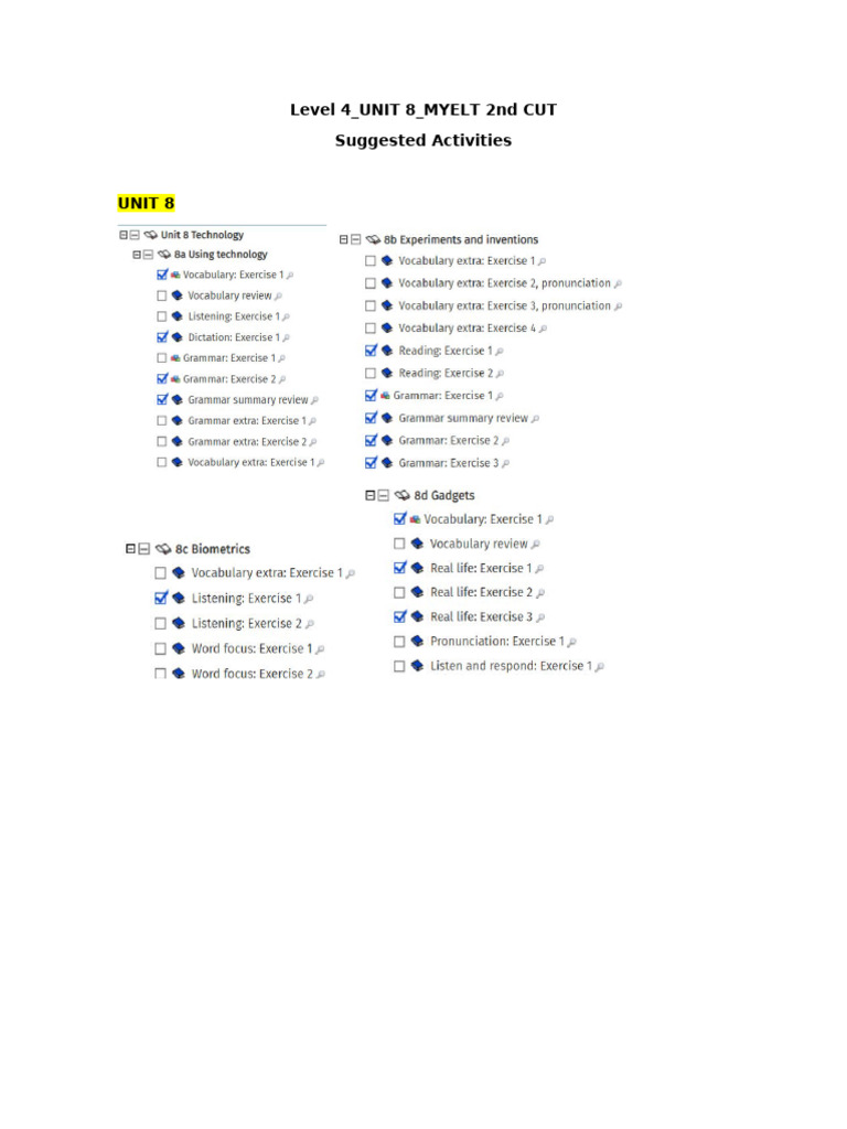 Suggested Activities - MYELT - Level 4 - Unit 8 | PDF