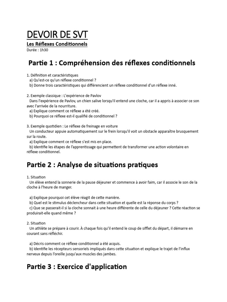 Exercice sur les réflexes conditionnels | PDF | Apprentissage | Nerf