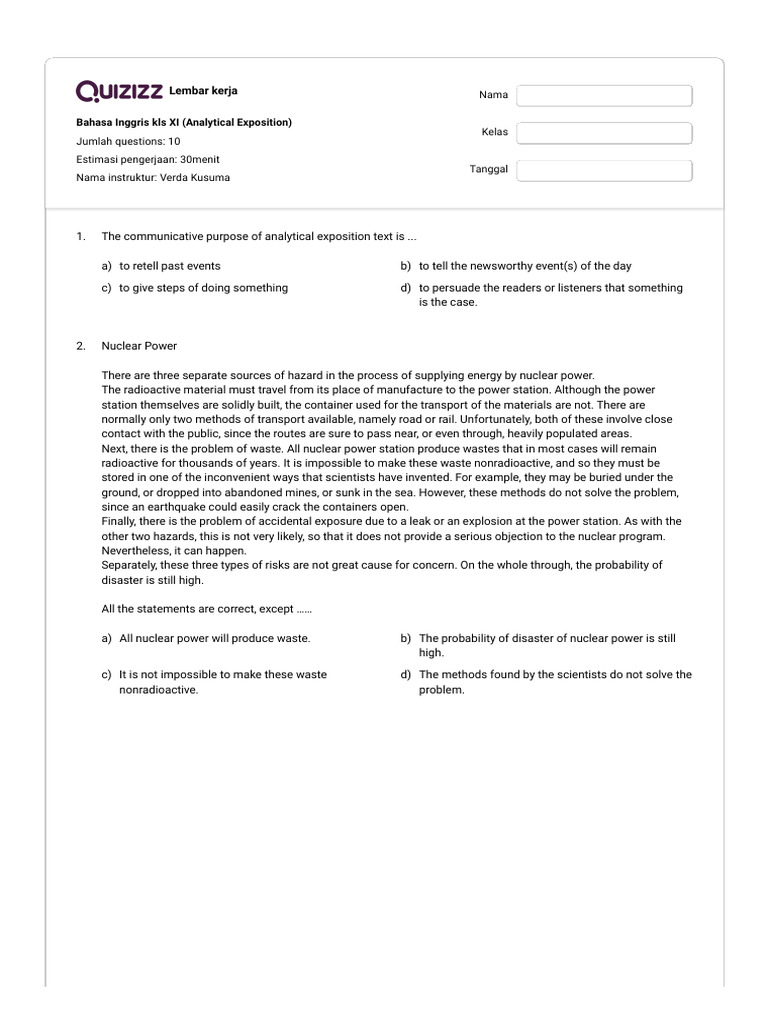 Analytical Exposition Worksheet for XI | PDF | Seat Belt | Traffic ...