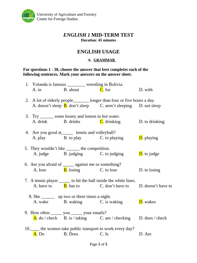ENGLISH 1 MID-TERM TEST | PDF