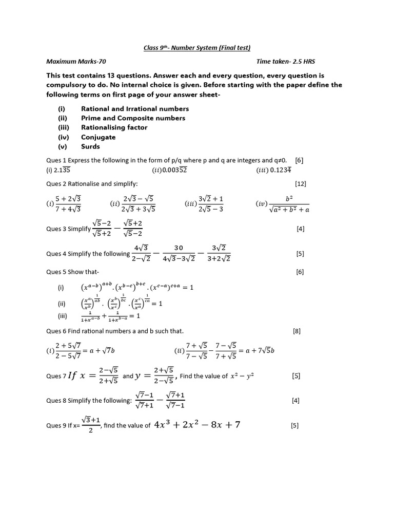 Number System Revision Test | PDF | Rational Number | Mathematical Notation