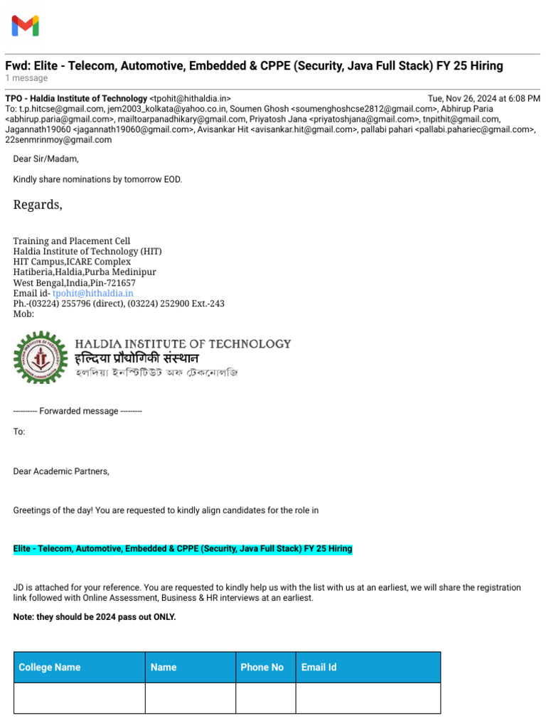Gmail - FWD - Elite - Telecom, Automotive, Embedded & CPPE (Security, Java Full Stack) FY 25 ...