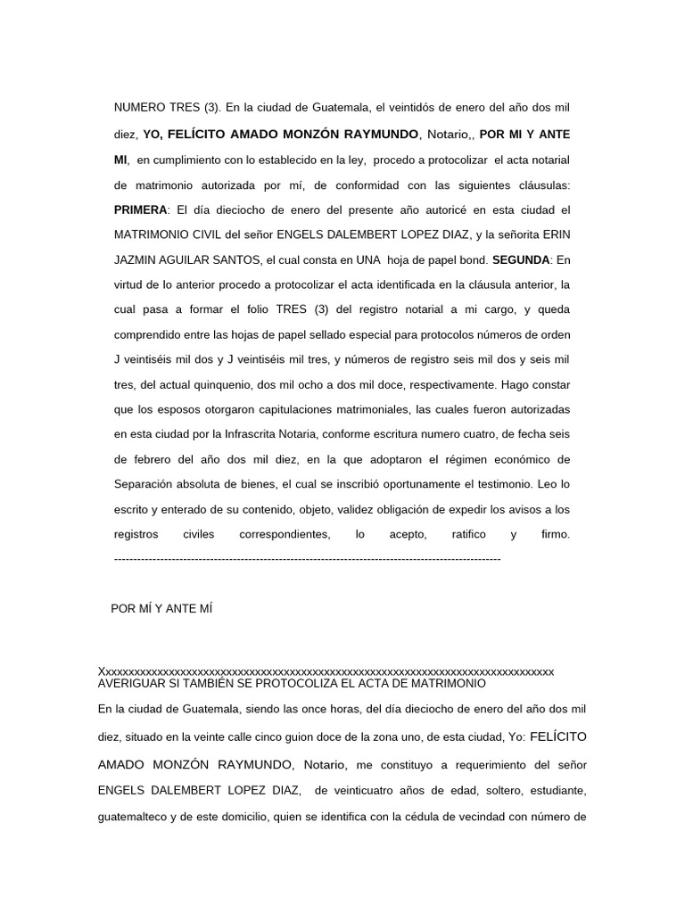 Acta Notarial de Protocolización de Acta de Matrimonio | PDF | Matrimonio