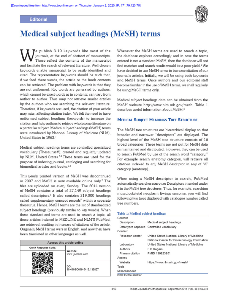 Medical Subject Headings MeSH Terms | PDF | Information Science