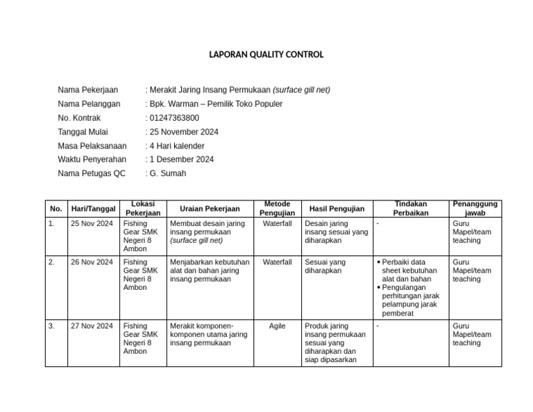 Form Tefa 05-05 - LAPORAN QUALITY CONTROL | PDF