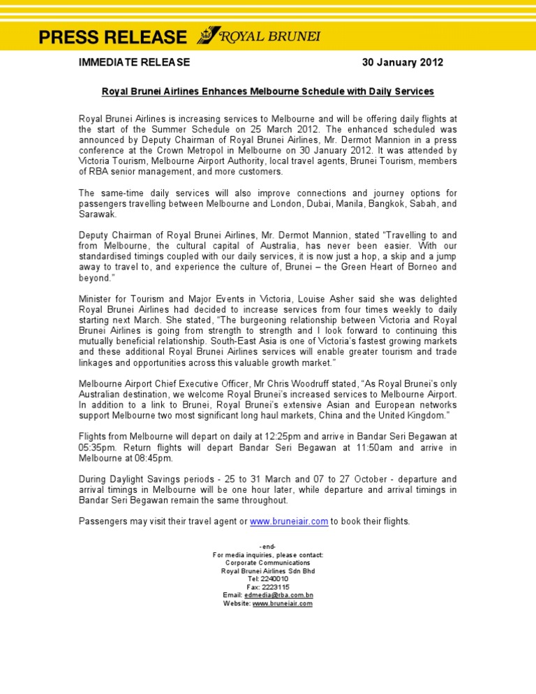 Royal Brunei Airlines Daily Flights to Melbourne | PDF | Brunei | Aviation