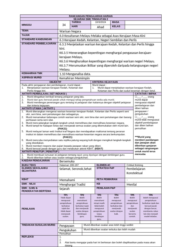 RPH_SMK_MINGGU_34_SEJARAH_TINGKATAN_2_2024_2025_BY_CIKGU_GORGEOUS | PDF