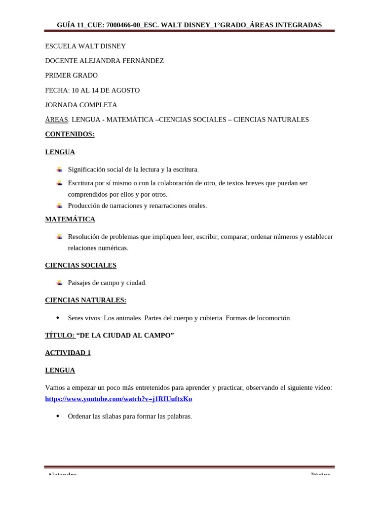 Guía de Aprendizaje 1° Grado Disney | PDF