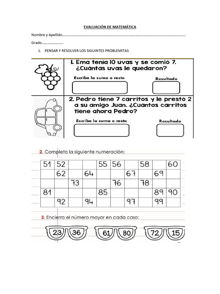 Evaluación Mate 1 Grado | PDF