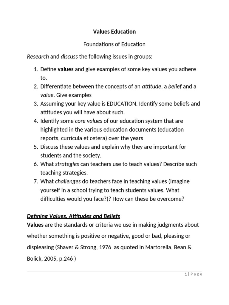 Foundations of Values in Education | PDF | Psychology | Liberal Arts ...