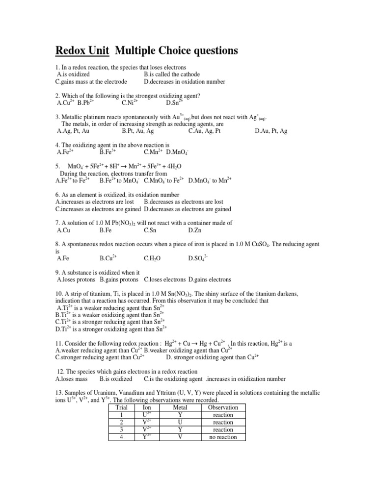 Unit 5 Practice Test Multiple Choice | PDF | Redox | Electrochemistry