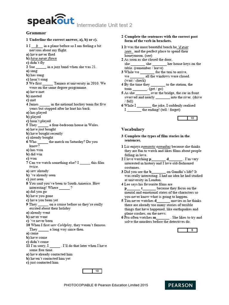 Intermediate Unit Test 2: Grammar & Vocabulary | PDF
