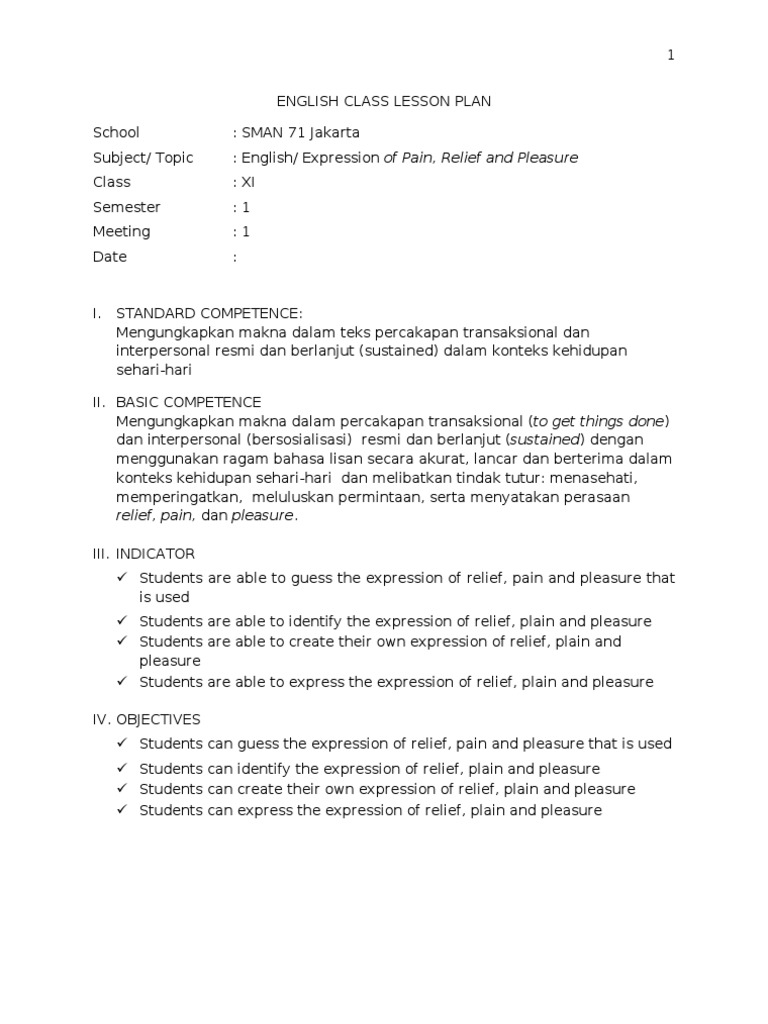 English Class Lesson Plan | PDF | Lesson Plan | Teaching