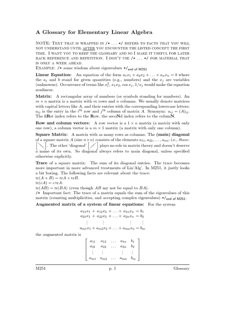 A Glossary For Elementary Linear Algebra - Unknown | PDF | Matrix ...