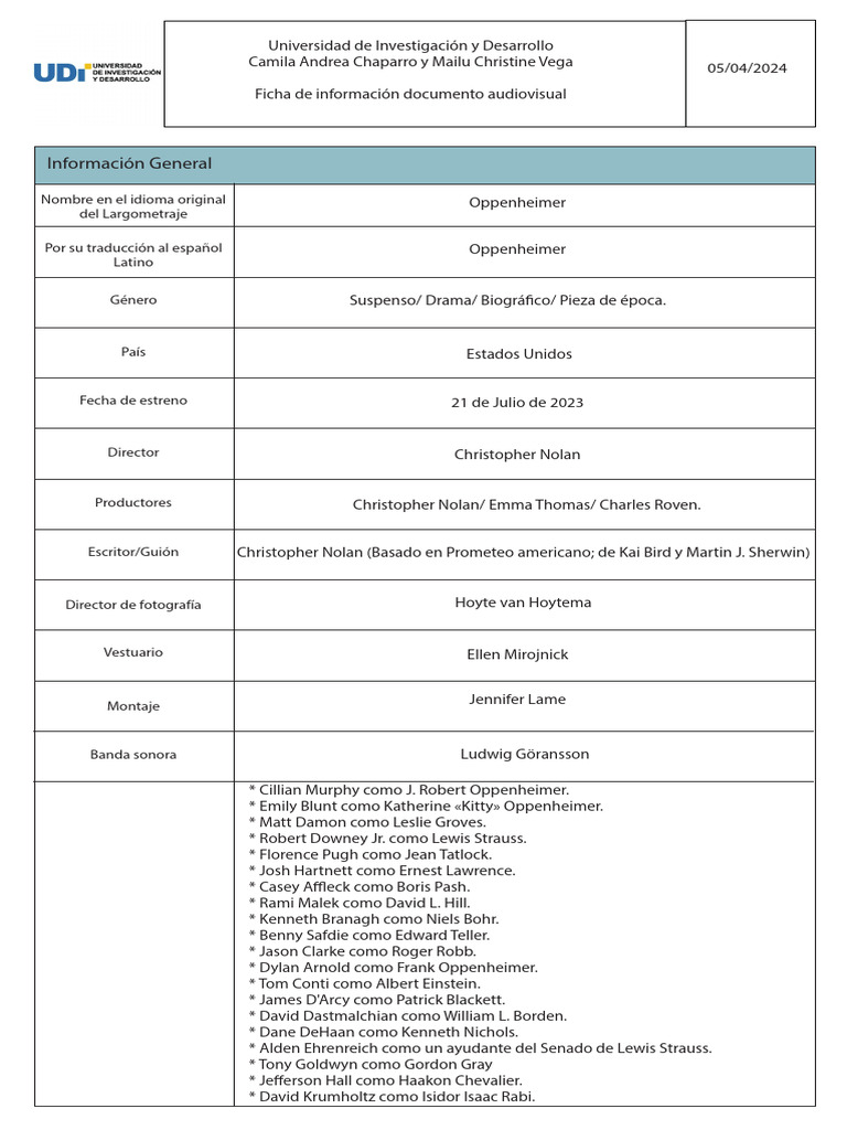 Ficha Técnica de "Oppenheimer" de Nolan | PDF | Proyecto Manhattan