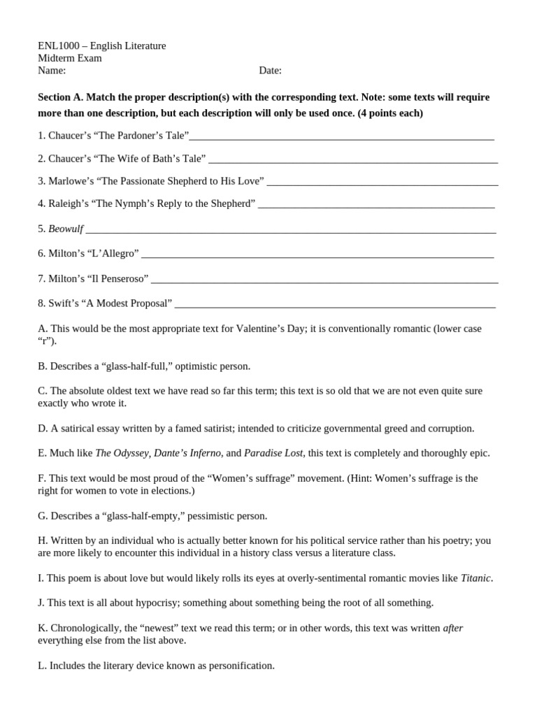 English Literature Midterm Exam Guide | PDF | Poetry | Satire