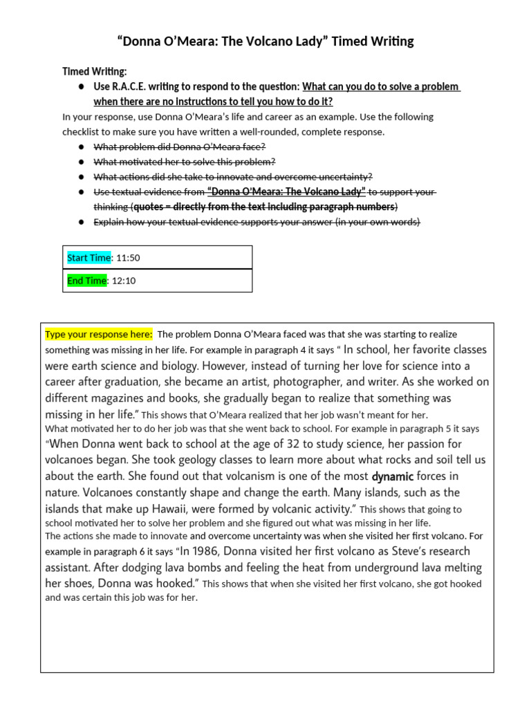 Maryam Qasim - Donna O'Meara - The Volcano Lady - Timed Writing | PDF ...