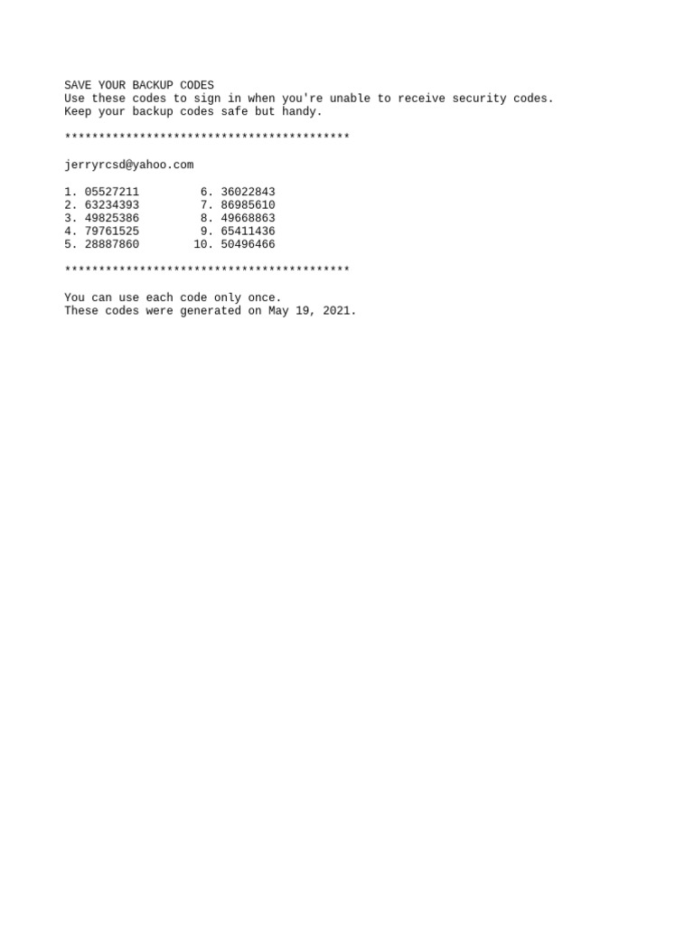 Backup Codes Jerryrcsd | PDF