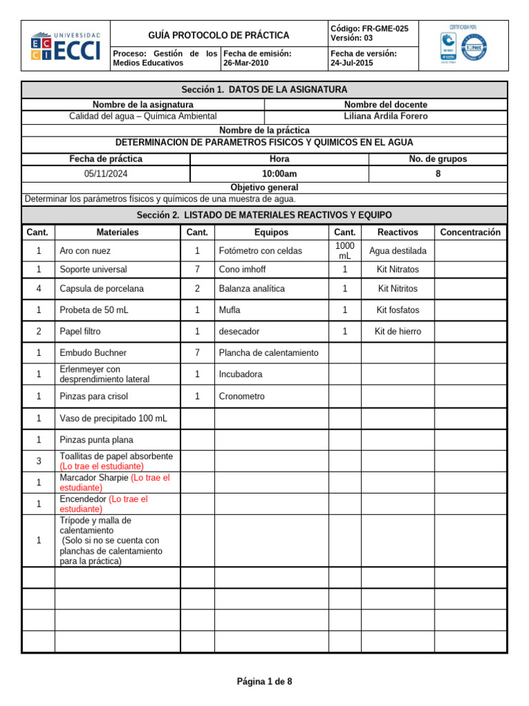Determinación de Parametros Fisicos y Quimicos de Una Muestra de Agua Residual | PDF ...