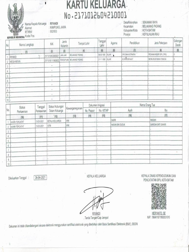 KARTU KELUARGA - Riyandi - 000008 - Organized | PDF