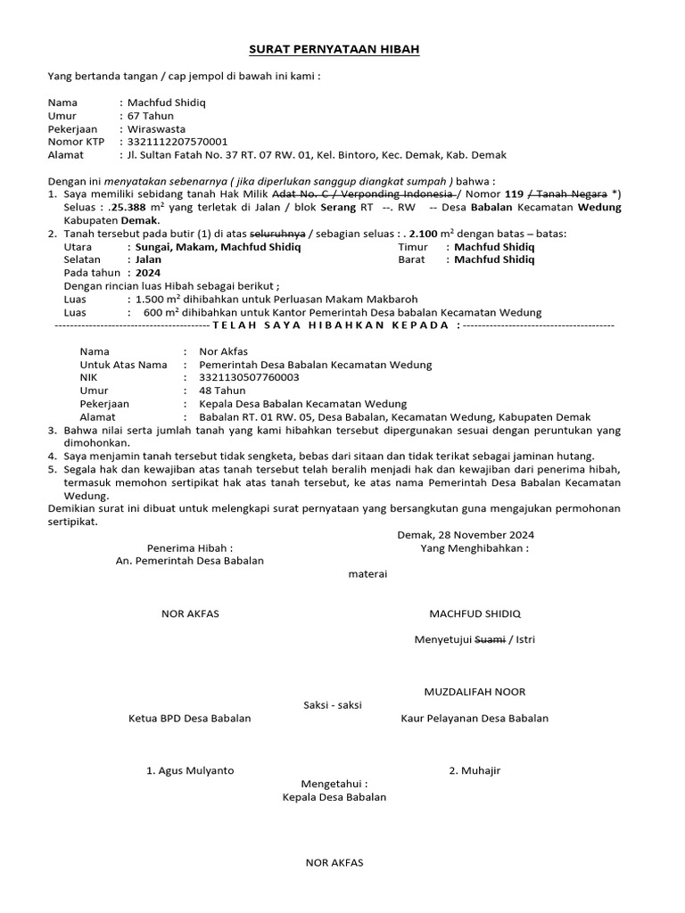 Surat Pernyataan Hibah | PDF