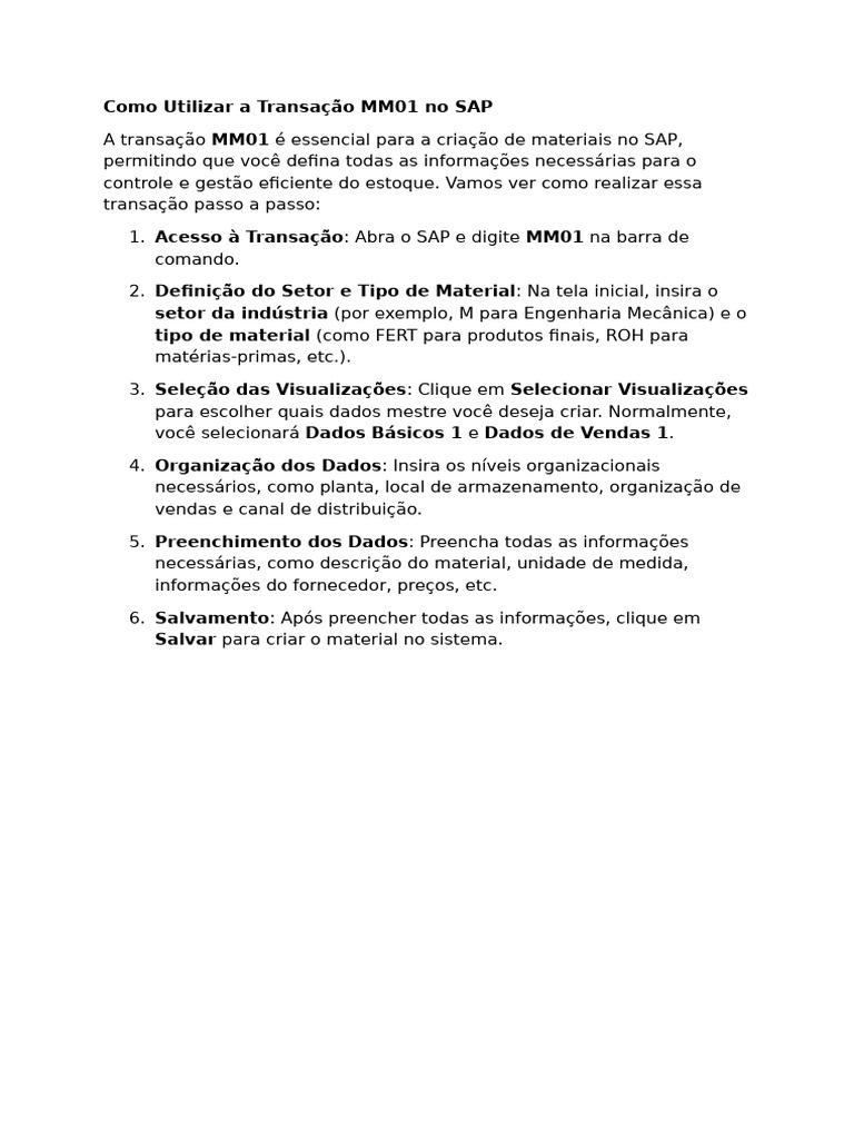 Guia Prático da Transação MM01 no SAP | PDF